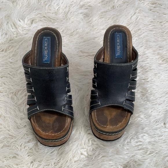 Candie's | Shoes | Vintage Candies Chunky Wooden Heel Black Leather ...
